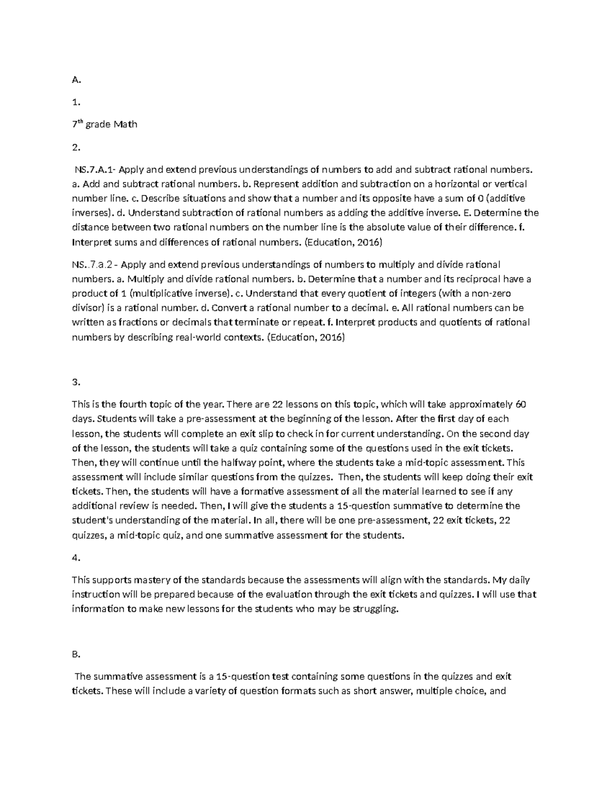 Task Four - Task Four Passed - A. 1. 7 th grade Math 2. NS.7.A- Apply ...