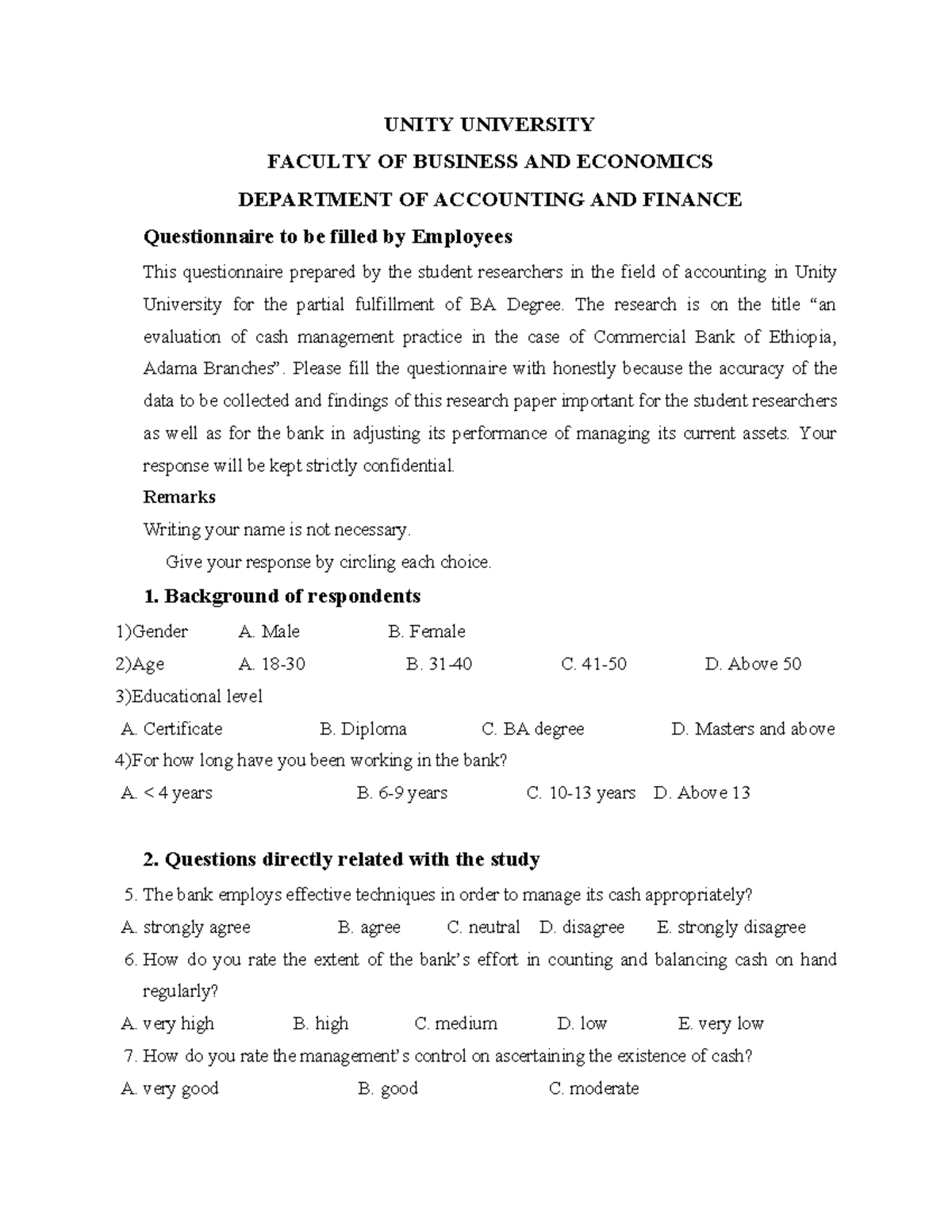 Questionnaire and Interview - UNITY UNIVERSITY FACULTY OF BUSINESS AND ...