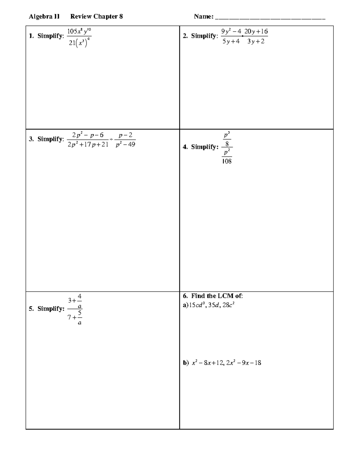Chapter 8 Review for Test - Algebra II Review Chapter 8 Name