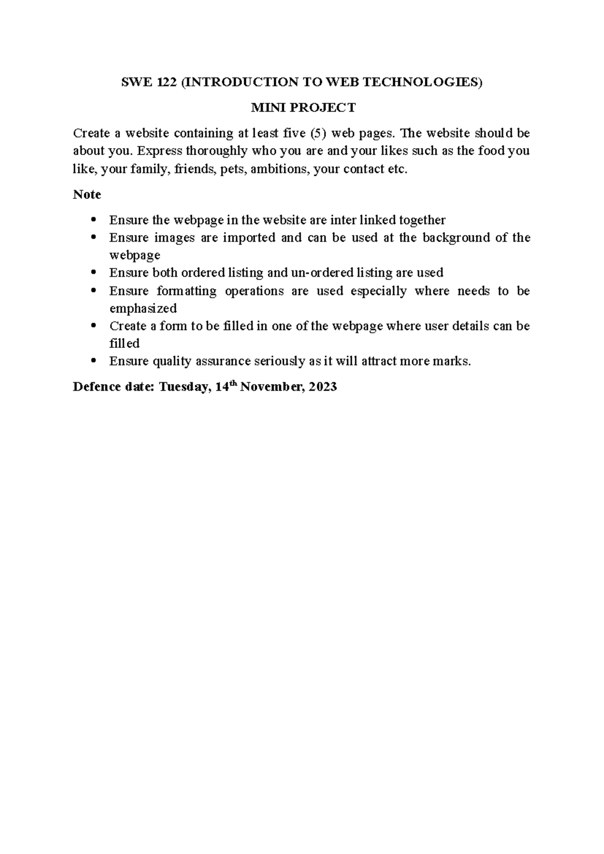 Mini project - Summary Siwes On Computer - SWE 122 (INTRODUCTION TO WEB ...