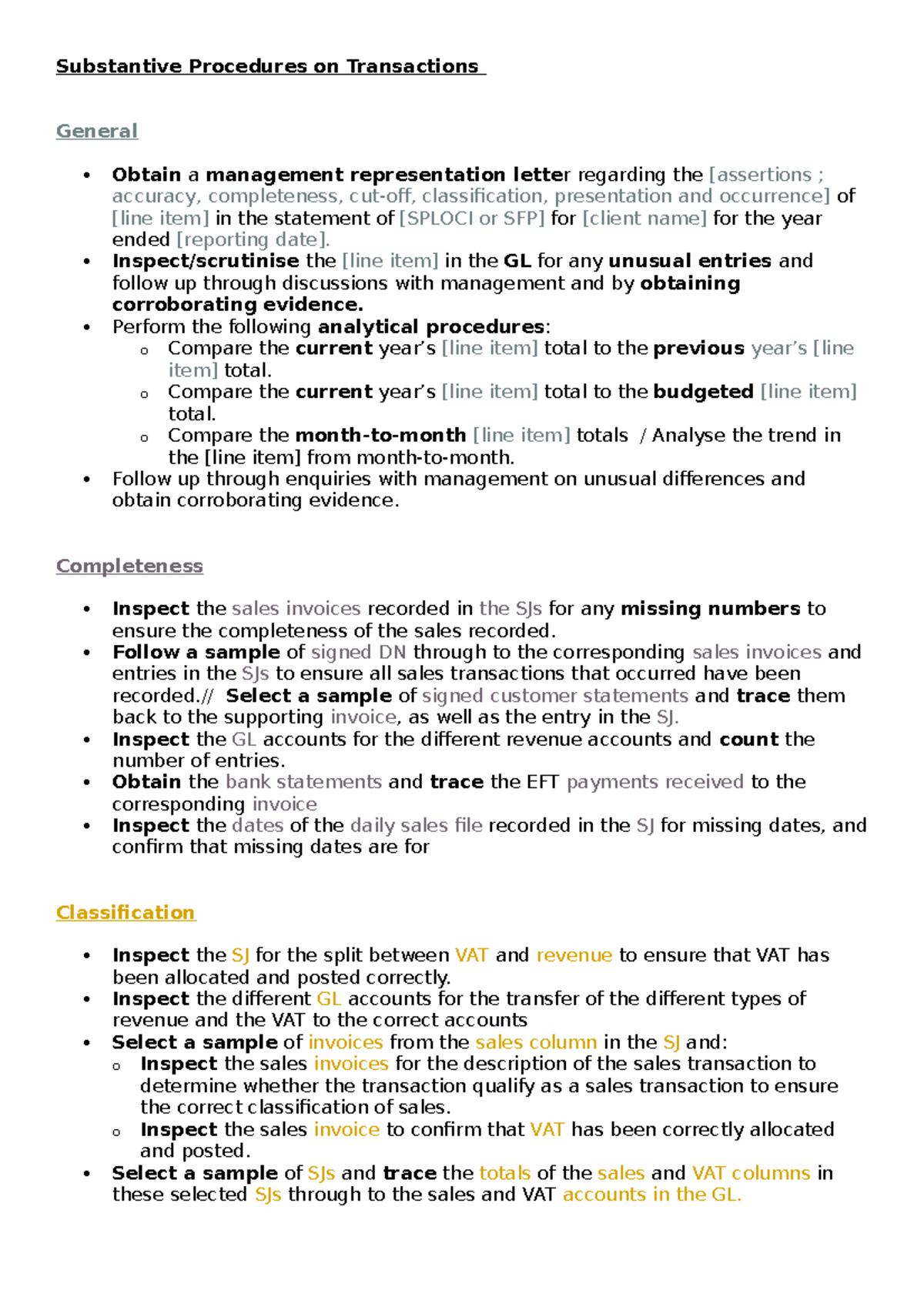 Summary Substantive Procedures on Transactions Fieldwork - ODT 300 - UP ...