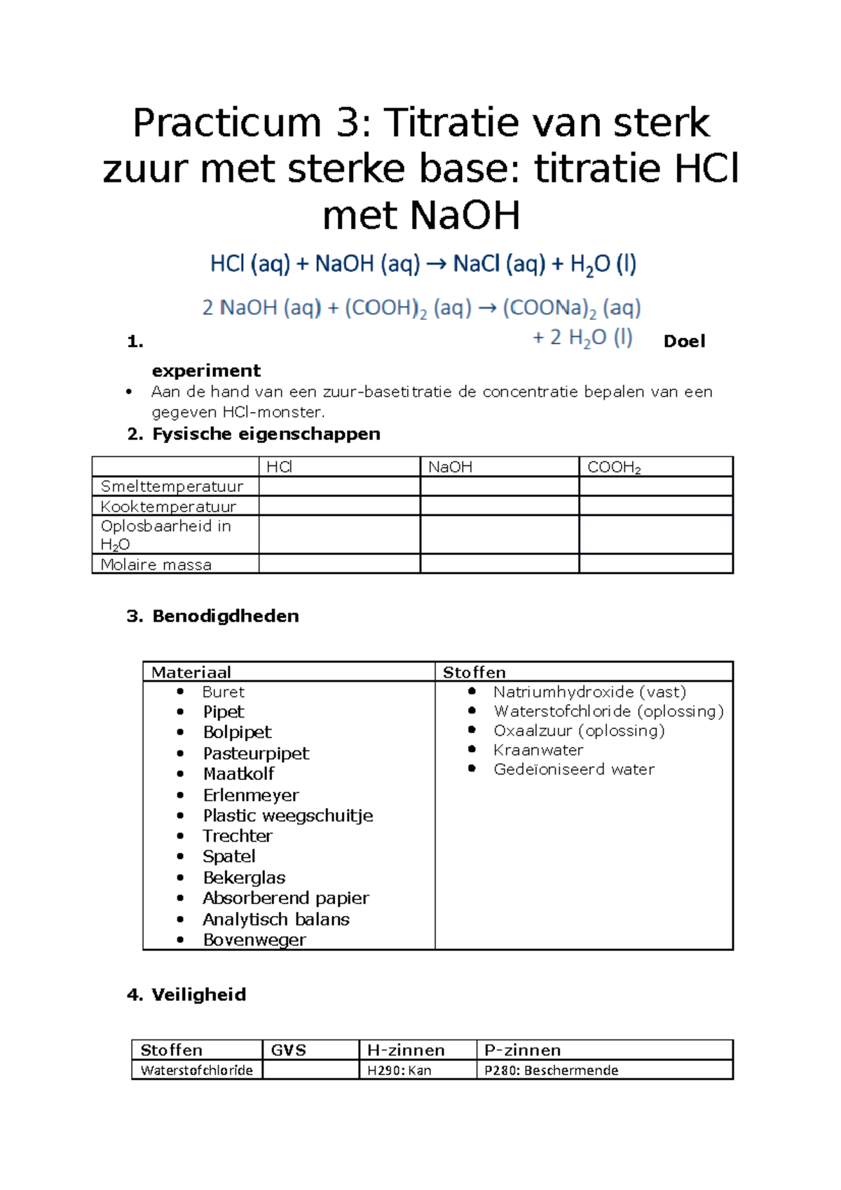 Voorbereiding practicum titratie van sterk zuur met sterke base - Practicum 3: Titratie van ...