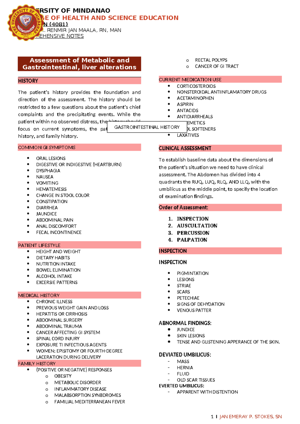 Comprehensive Notes - COLLEGE OF HEALTH AND SCIENCE EDUCATION ...