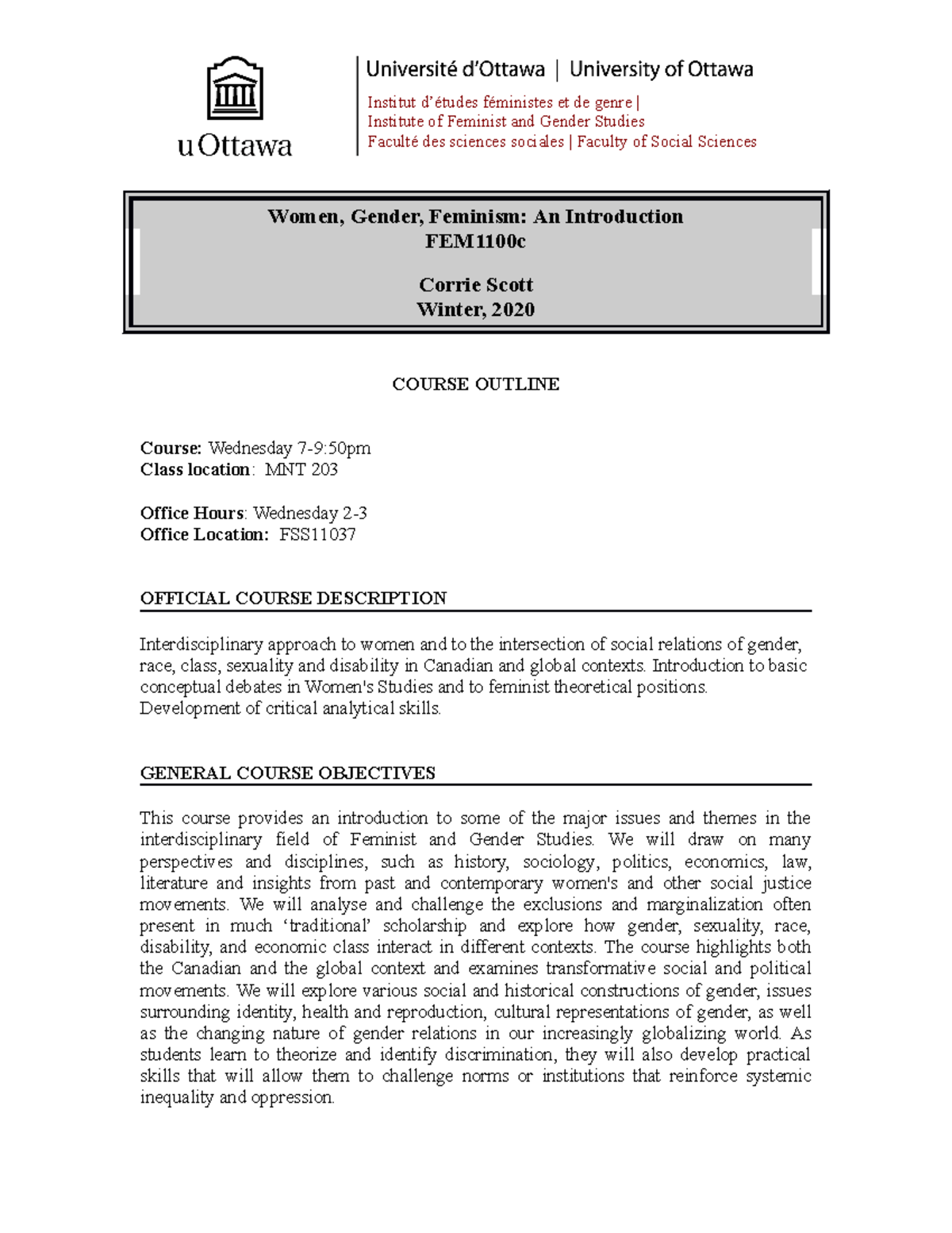 FEM1100 c Syllabus - Women, Gender, Feminism: An Introduction FEM1100c ...
