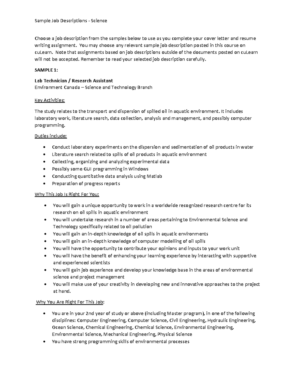 Sample Job Descriptions - Science - Choose a job description from the ...