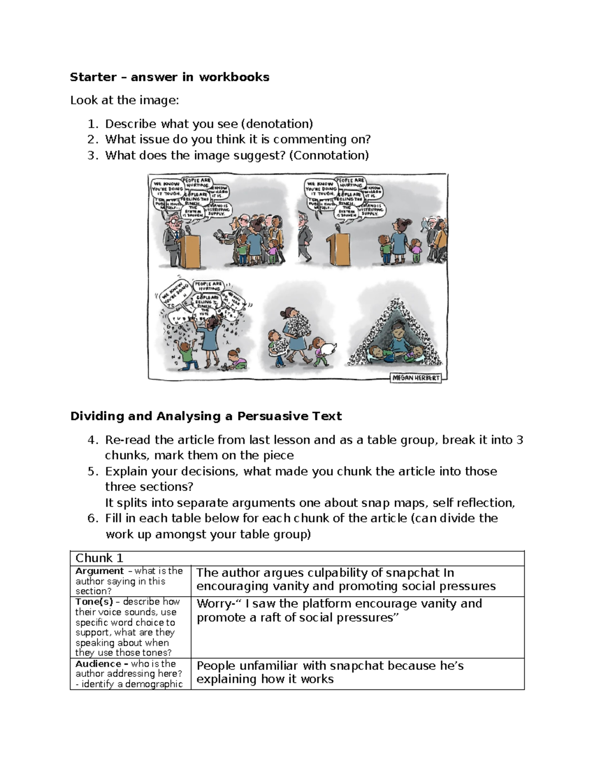 3. Chunking and Analysing a Persuasive Text - Starter – answer in ...