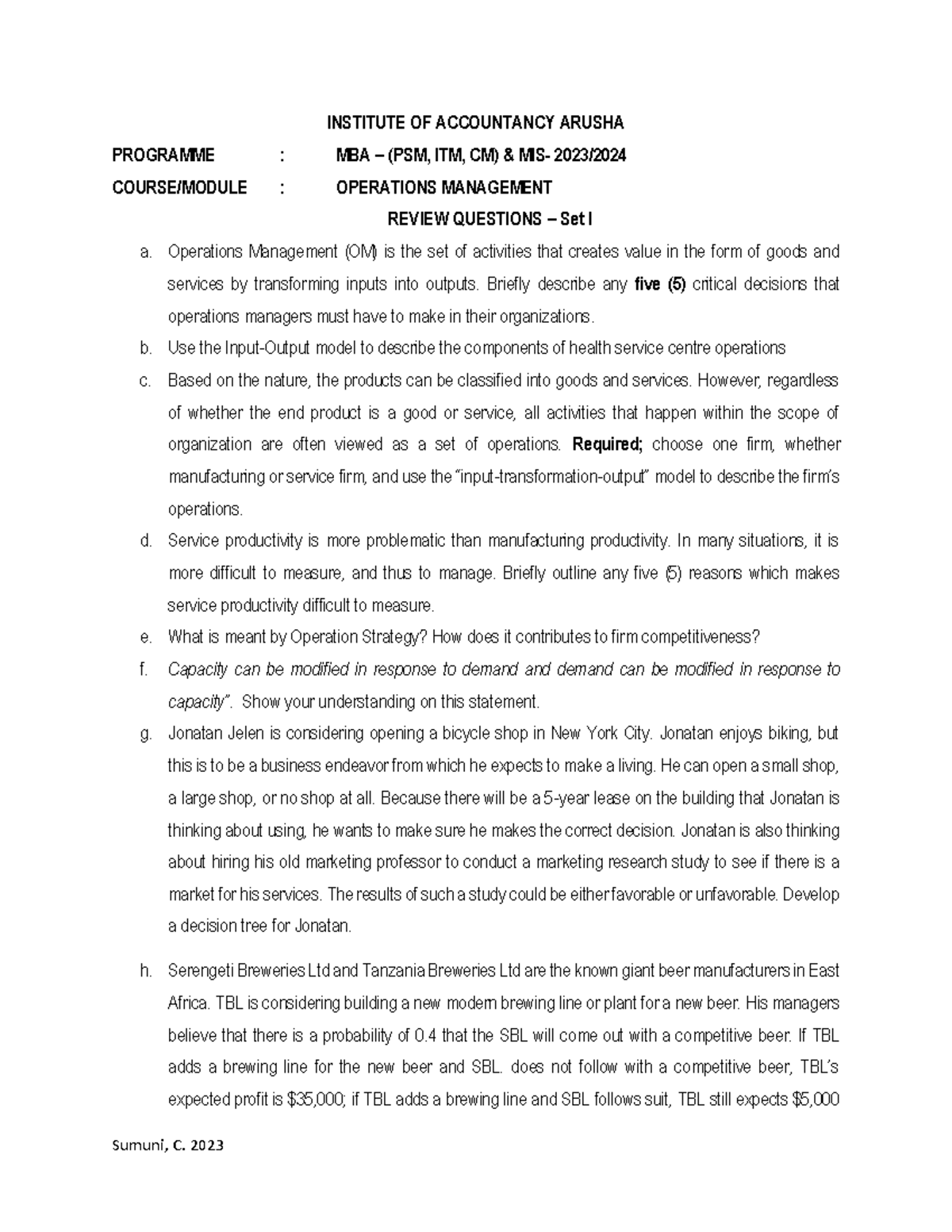 OM - Review Questions - 2023 - INSTITUTE OF ACCOUNTANCY ARUSHA ...