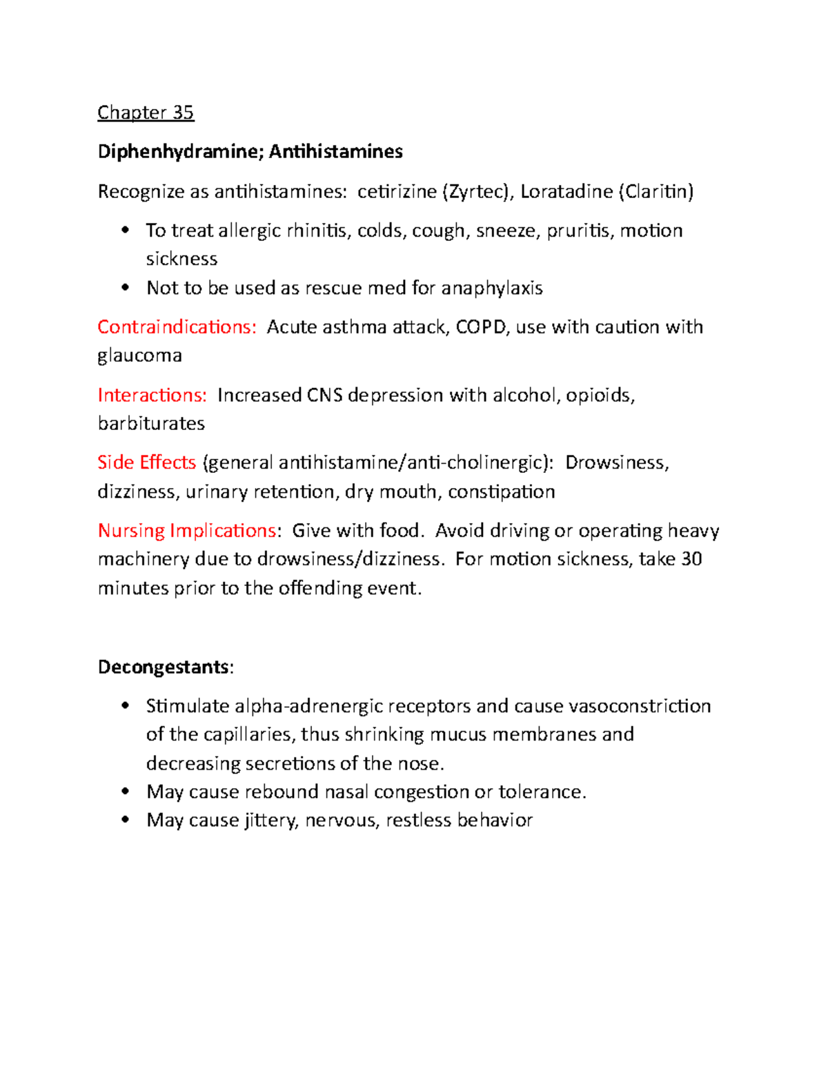 Drug list Ch 35, 36, 40, 41 - Chapter 35 Diphenhydramine ...