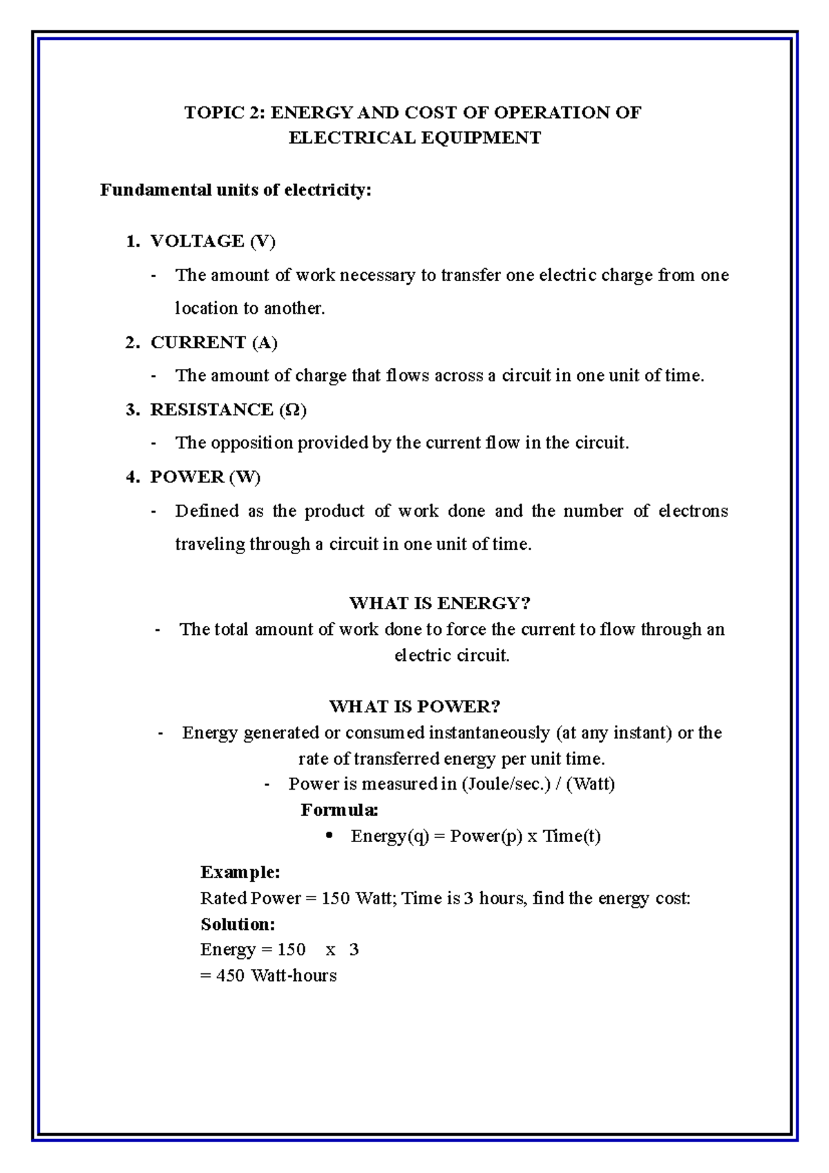 Engineering- Utilities-1 - TOPIC 2: ENERGY AND COST OF OPERATION OF ...