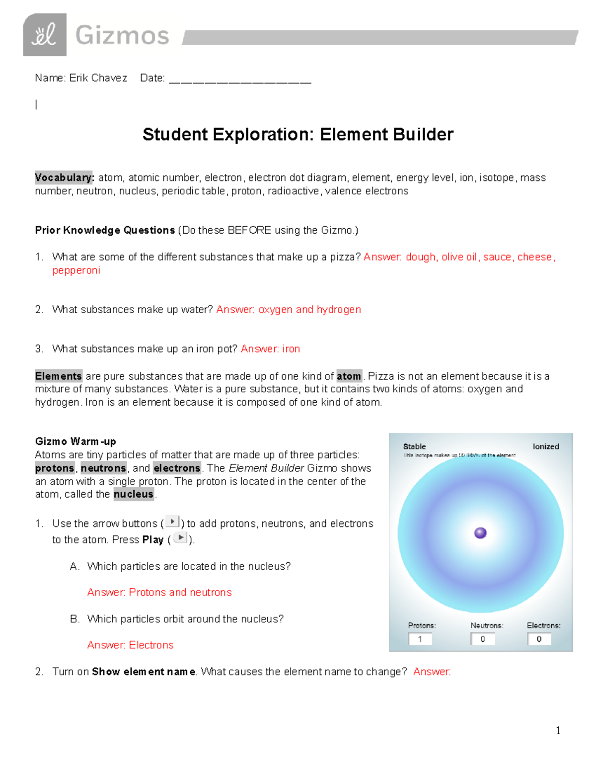 Gizmos Element Builder worksheet - Name: Erik Chavez Date ...