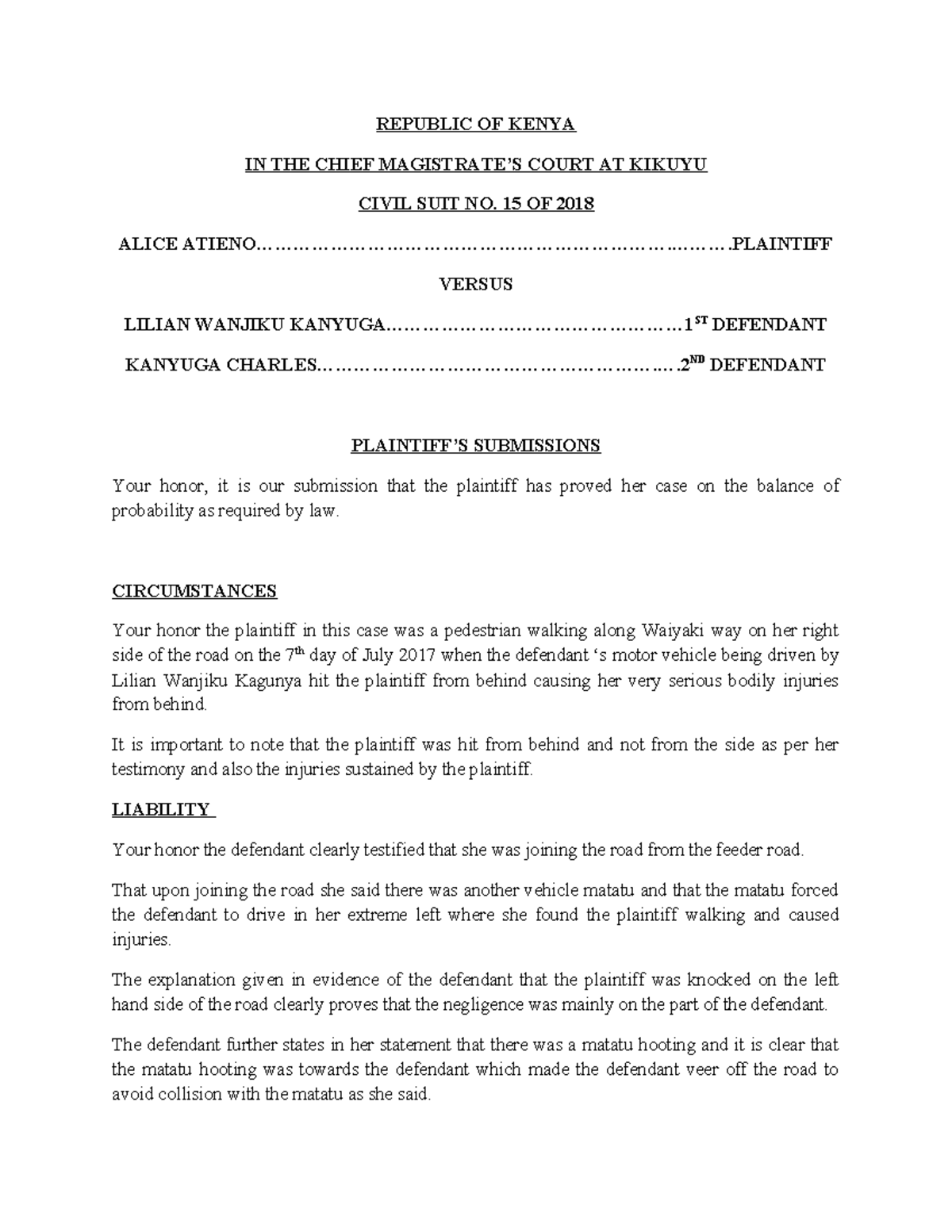 Alice Atieno Submissions - REPUBLIC OF KENYA IN THE CHIEF MAGISTRATE’S ...