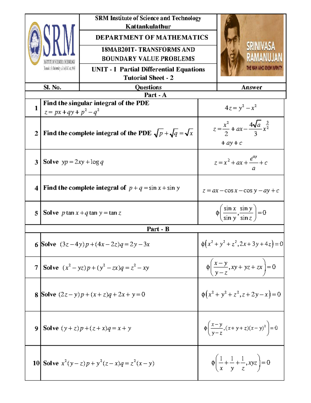 Tutorial Sheet 2-2 - SRM Institute of Science and Technology ...