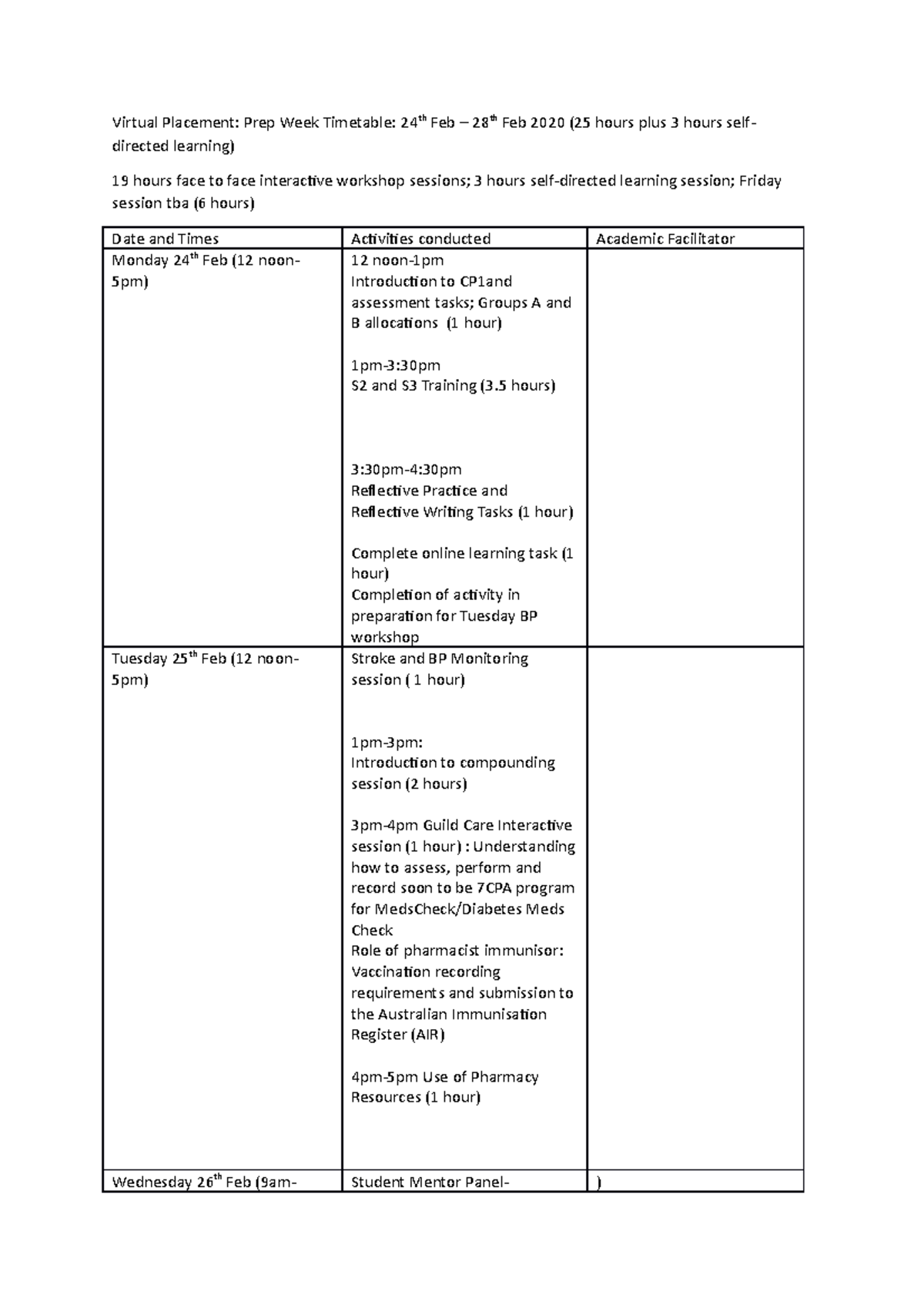 Virtual Placement 2020 Timetable Final -1 - Virtual Placement: Prep ...