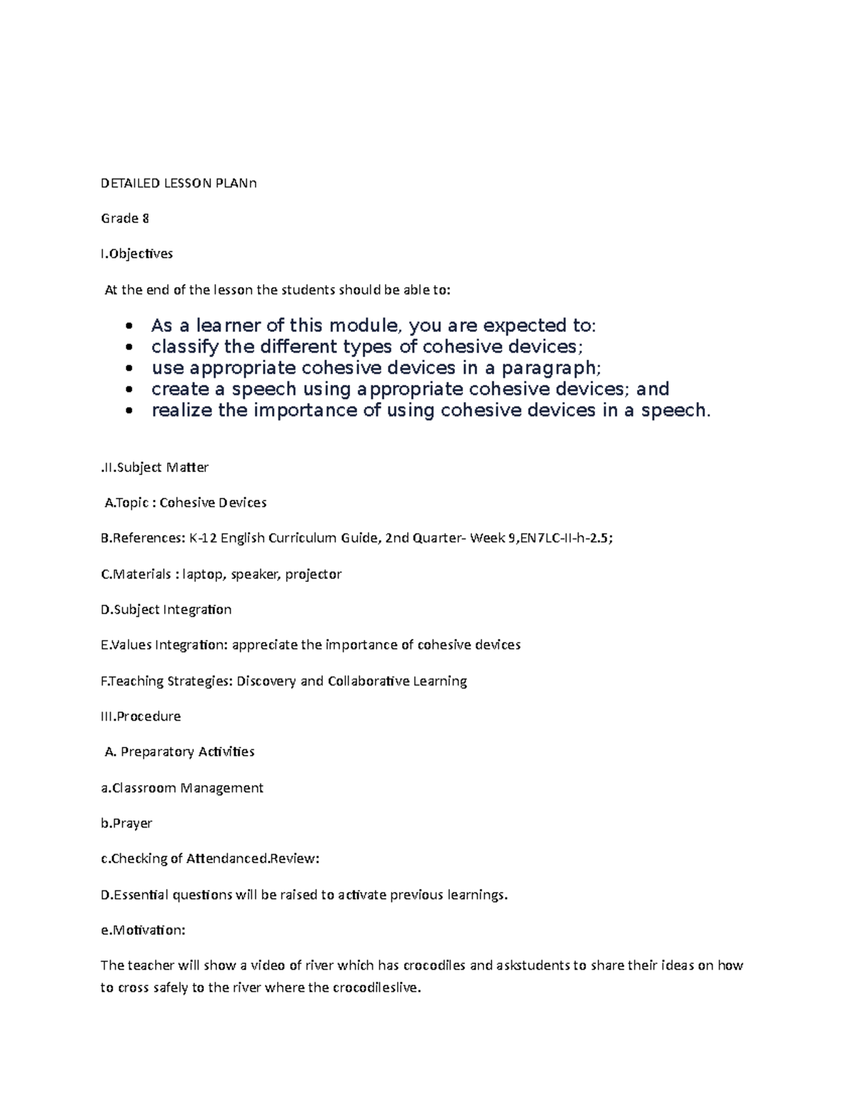 Detailed Lesson PLANn - serial - DETAILED LESSON PLANn Grade 8 I At the ...