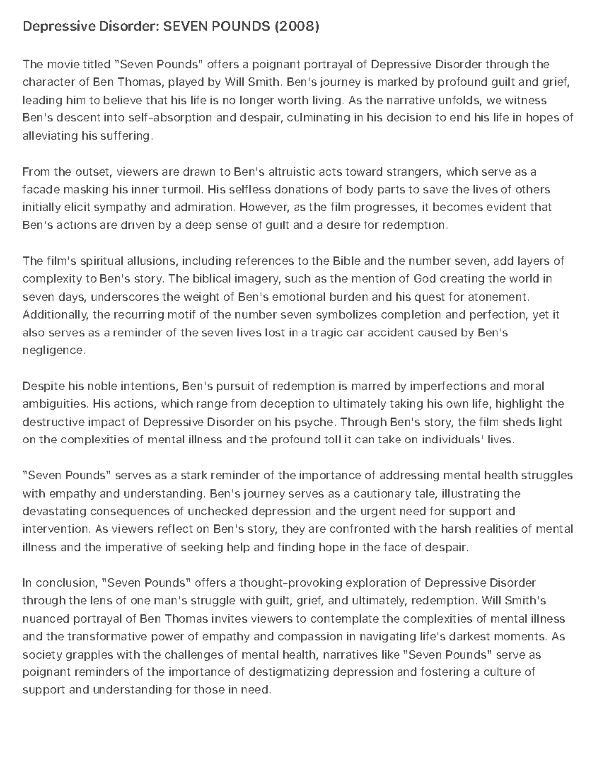 Depressive Disorder Seven Pounds (2008 ) - Depressive Disorder: SEVEN ...