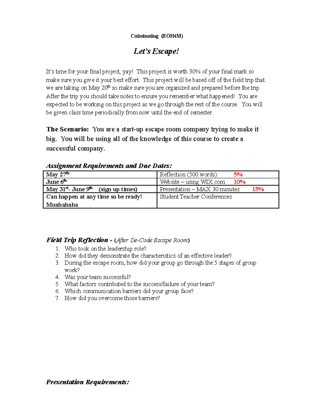 Boh culminating activity - Culminating (BOH4M) Let’s Escape! It’s time ...