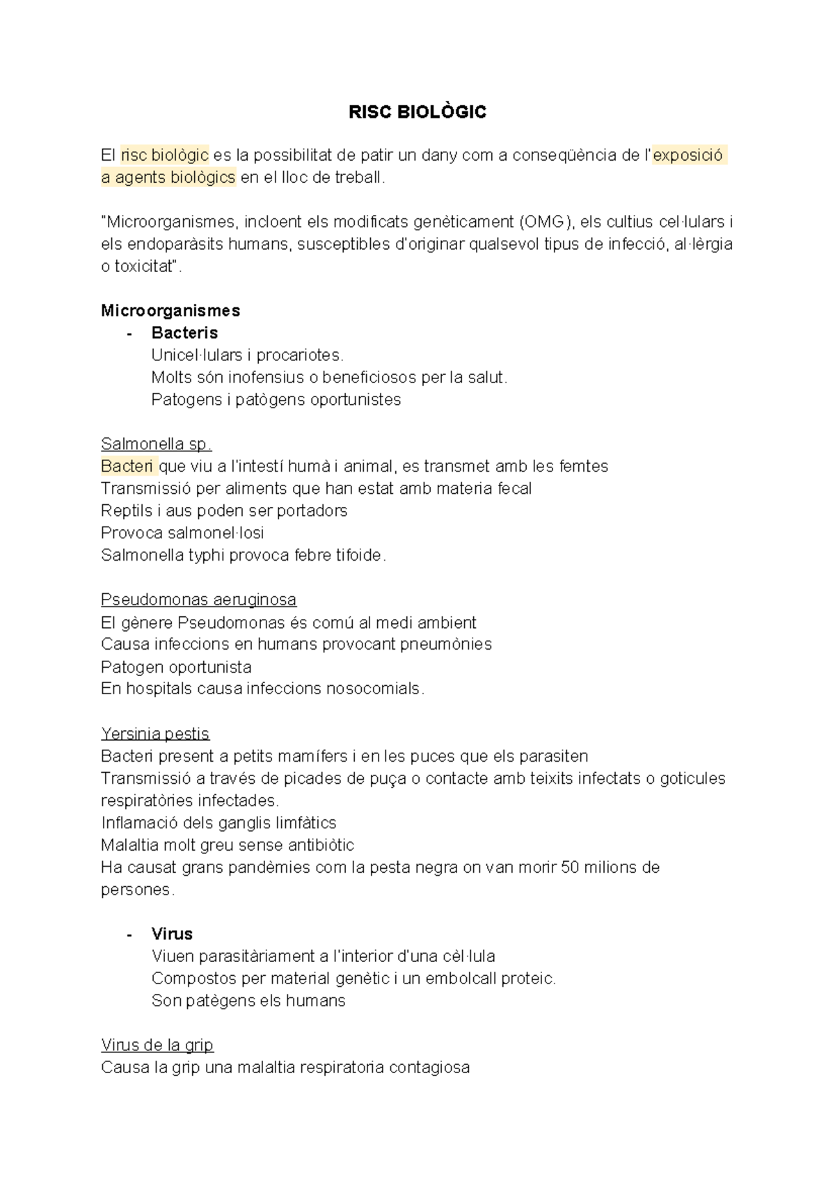RISC Biològic - Resum apartat de risc biologic - RISC BIOLÒGIC El risc ...