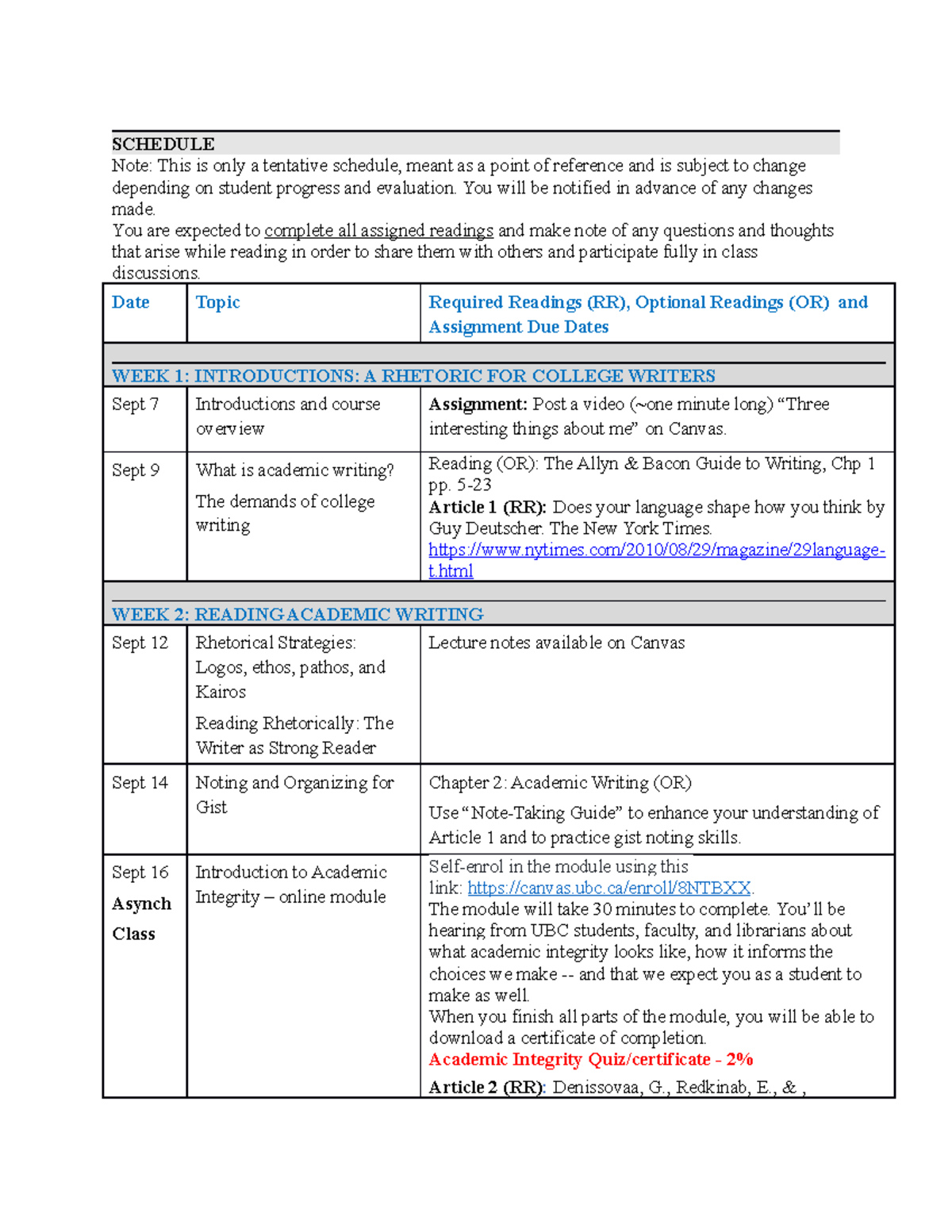 WRDS 150 W1 22 Schedule - SCHEDULE Note: This is only a tentative ...