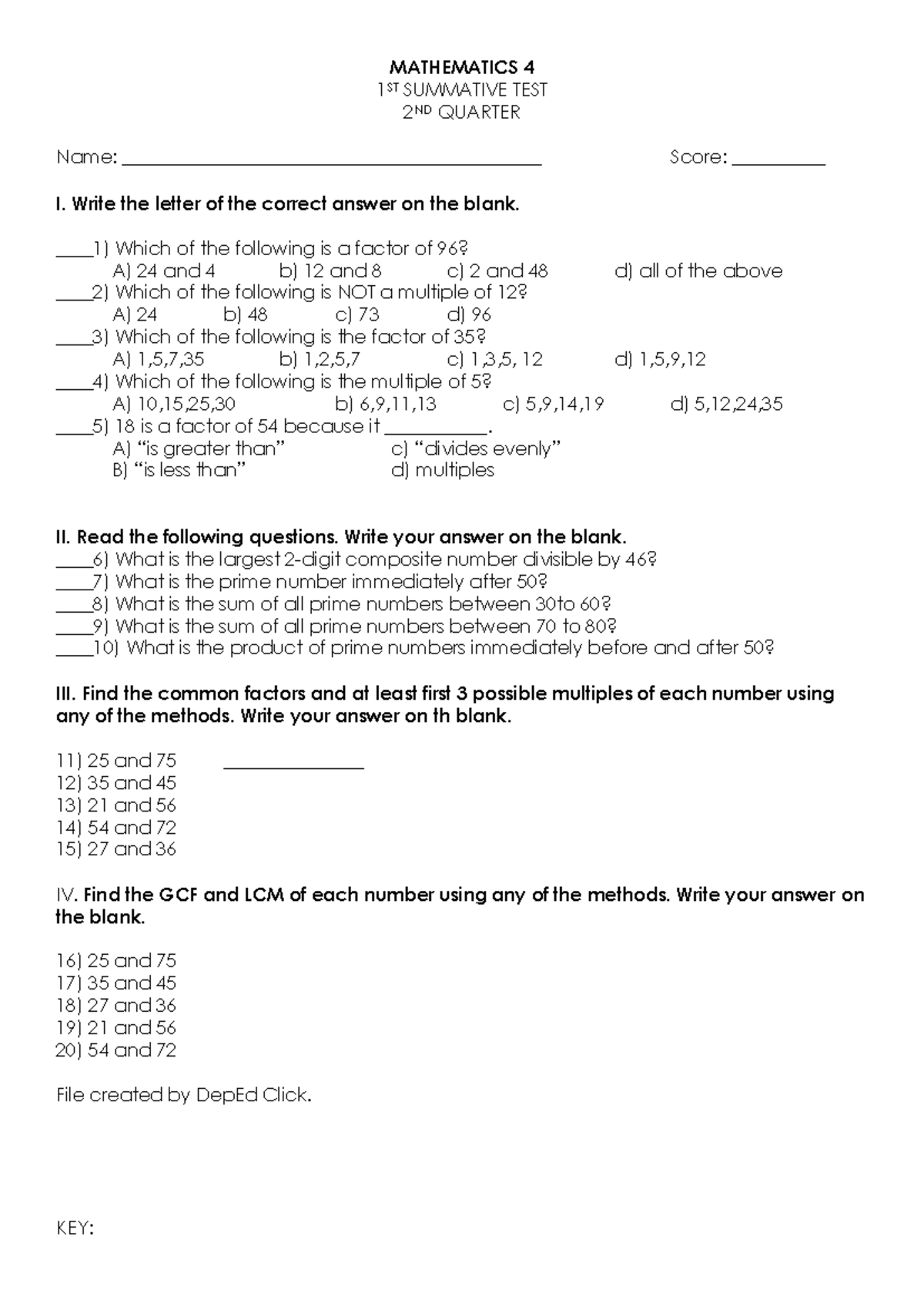 MATH4 ST1 Q2 - Math and everyday work - MATHEMATICS 4 1 ST SUMMATIVE ...