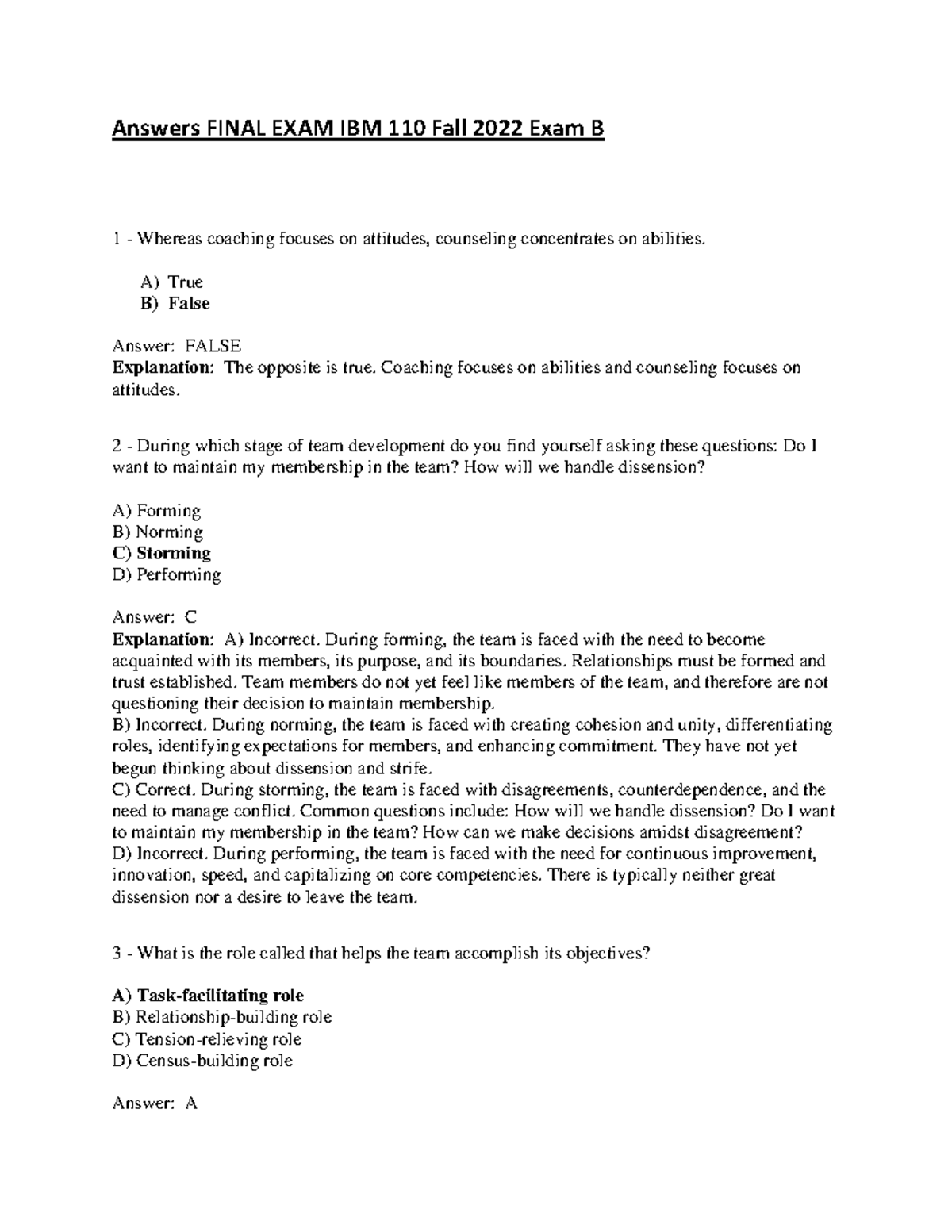 Answes Final Exam B IBM 110 F2022 Final - Answers FINAL EXAM IBM 110 ...