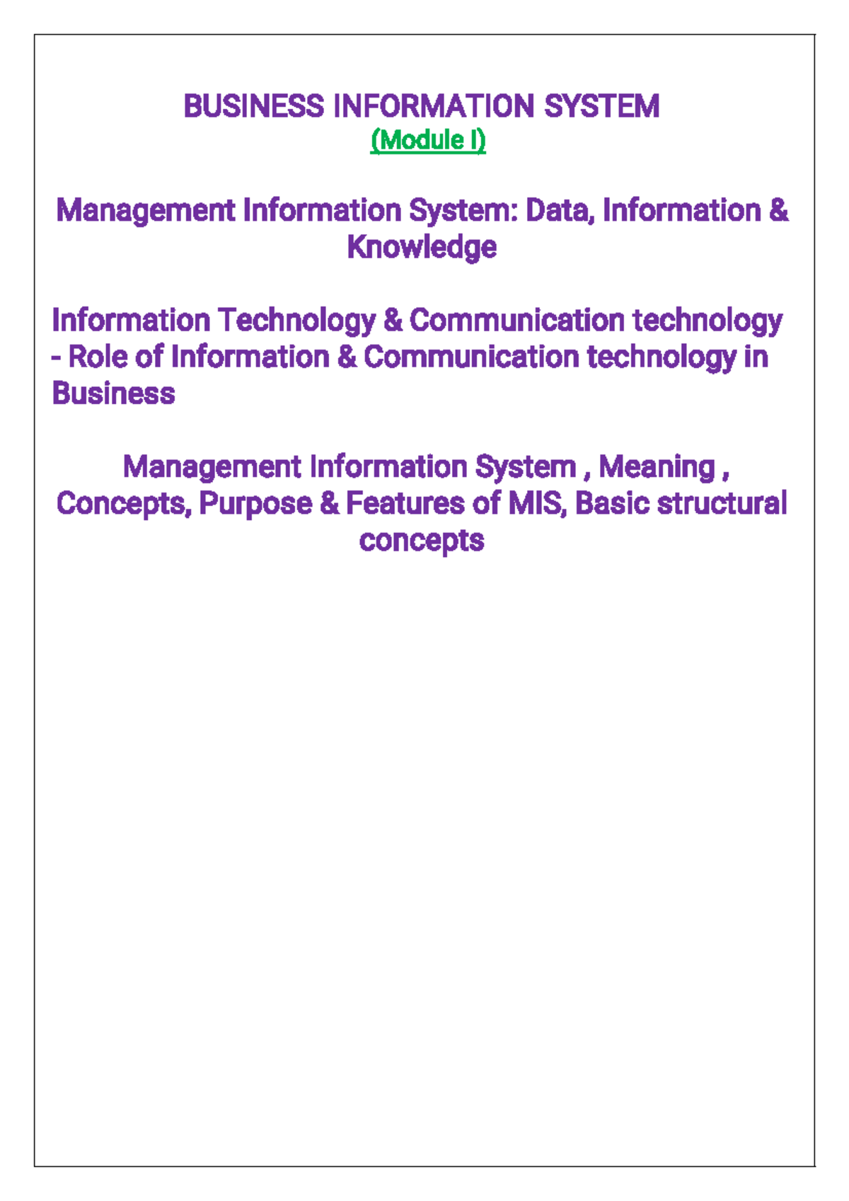 Module 1 BIS - BUSINESS INFORMATION SYSTEM (Module I) Management ...