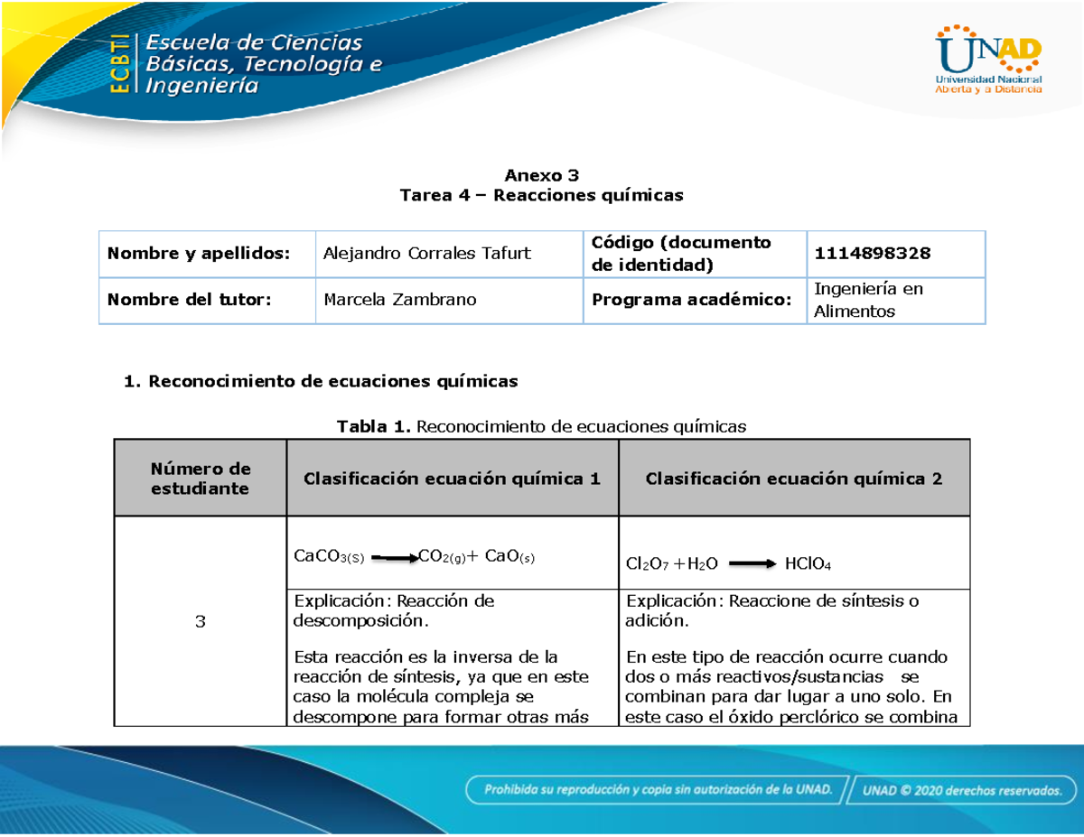 Tarea 4 Quimica General - Anexo 3 Tarea 4 – Reacciones químicas Nombre y apellidos: Alejandro ...