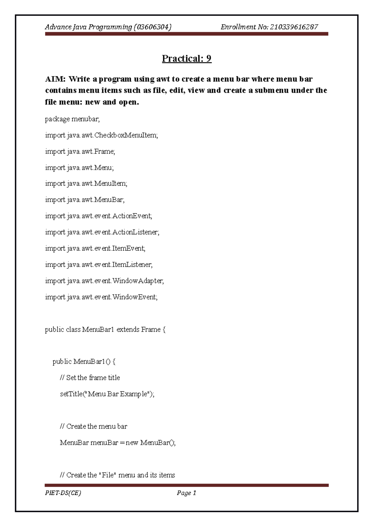 Practical 9AJP - Practical: 9 AIM: Write a program using awt to create ...