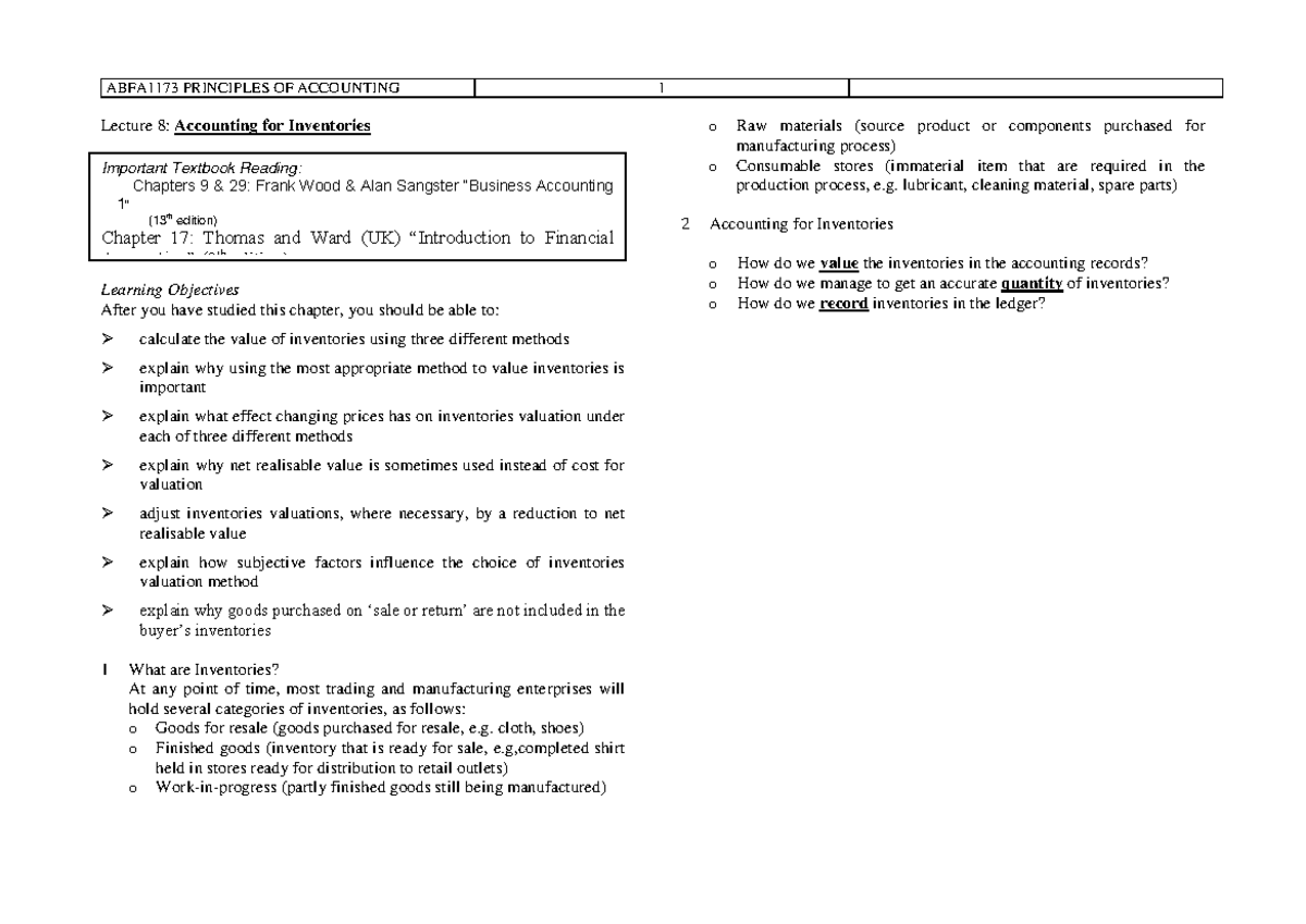 L8 Inventories - Tutorial L8 - Lecture 8: Accounting for Inventories ...