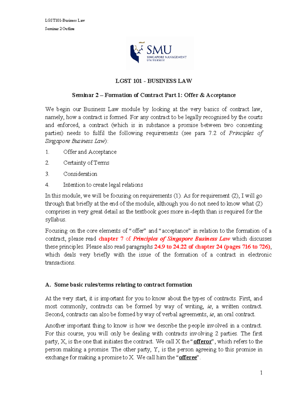 Seminar 2 Outline - Offer and Acceptance - Seminar 2 Outline LGST 101 ...