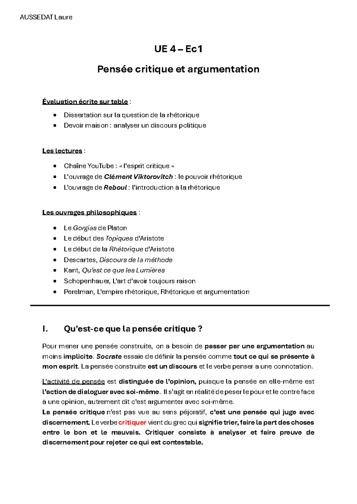 Chapitre 1 - pensée critique et argumenation 3 - AUSSEDAT Laure UE 4 ...