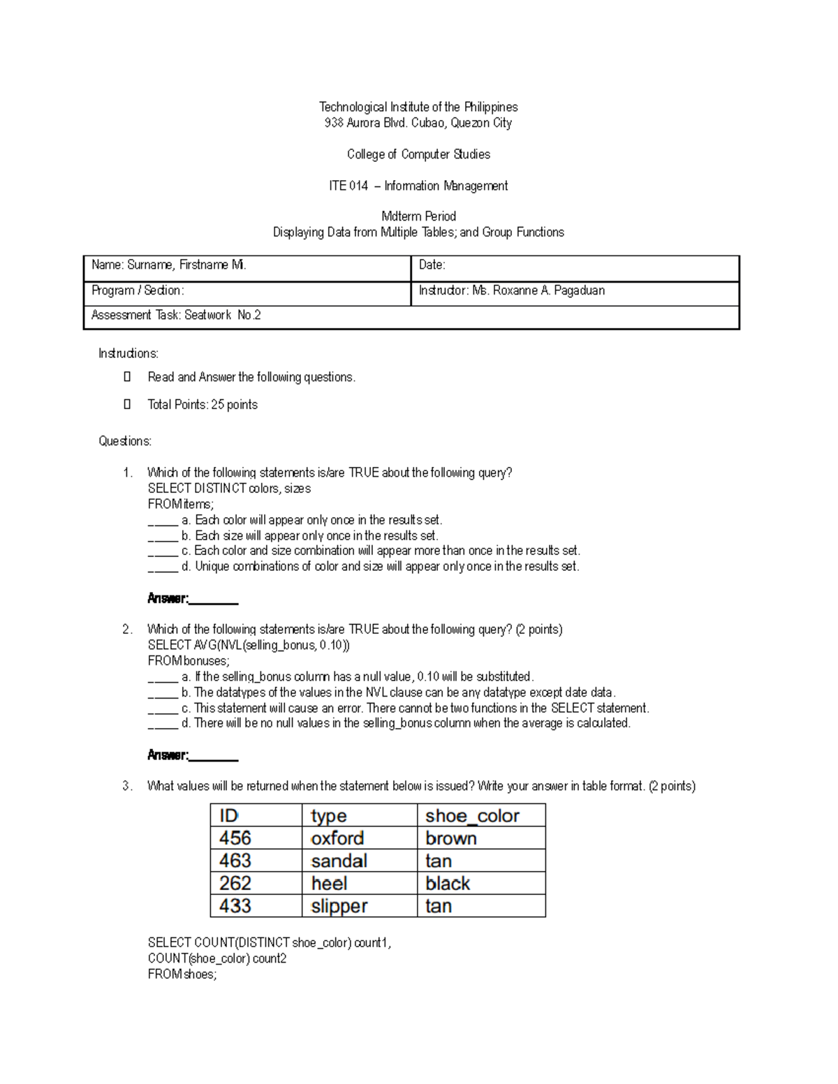 Seatwork No 3 Displaying Data From Multiple Tables And Group Functions Technological Institute