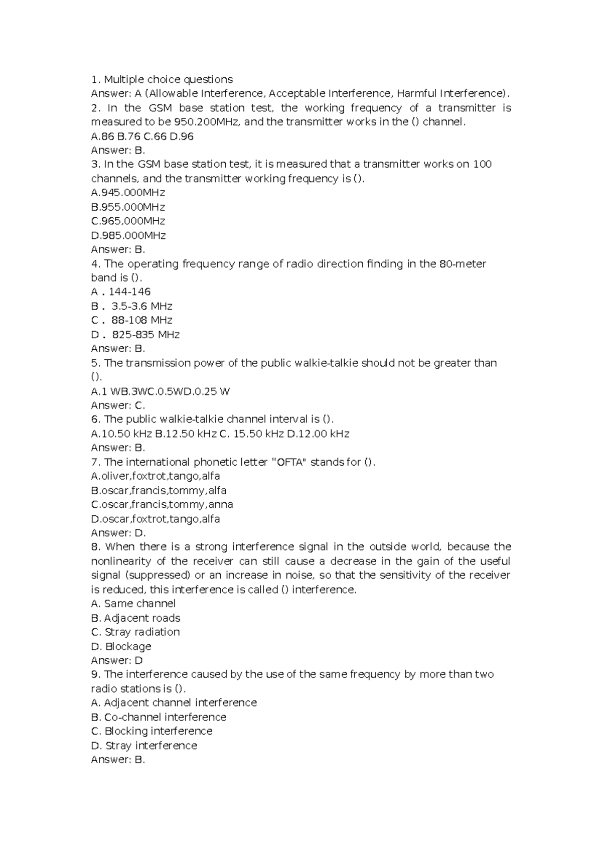 Communication Exercises - Multiple choice questions Answer: A ...