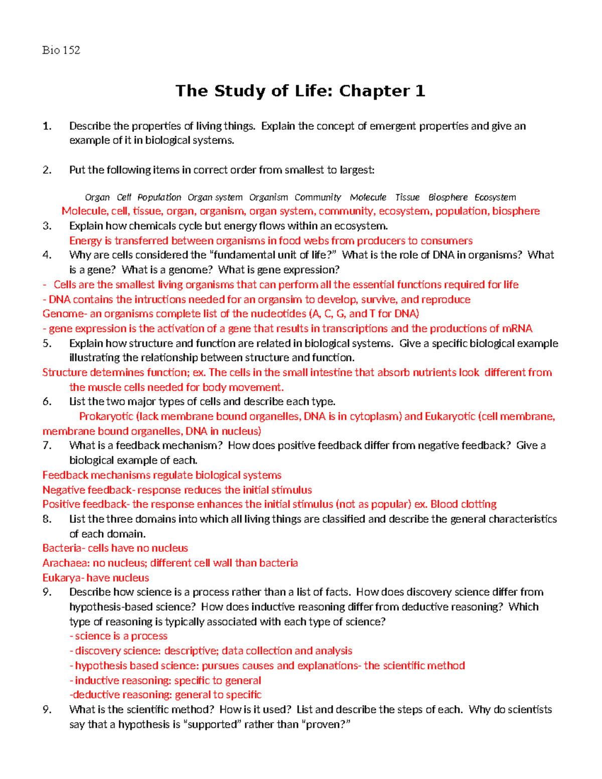 Bio152 Review Sheets Chapter 1 - Bio 152 The Study of Life: Chapter 1 1 ...