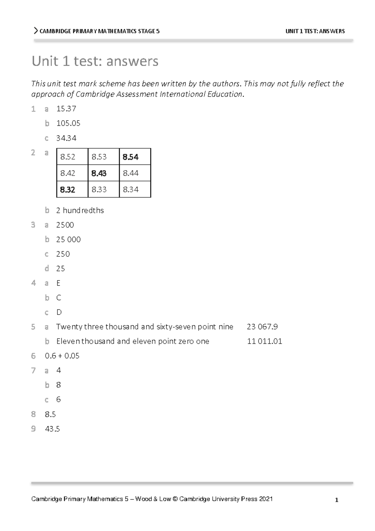 713131381 Prim Maths 5 2ed Tr Unit Test Answers - Unit 1 test: answers ...