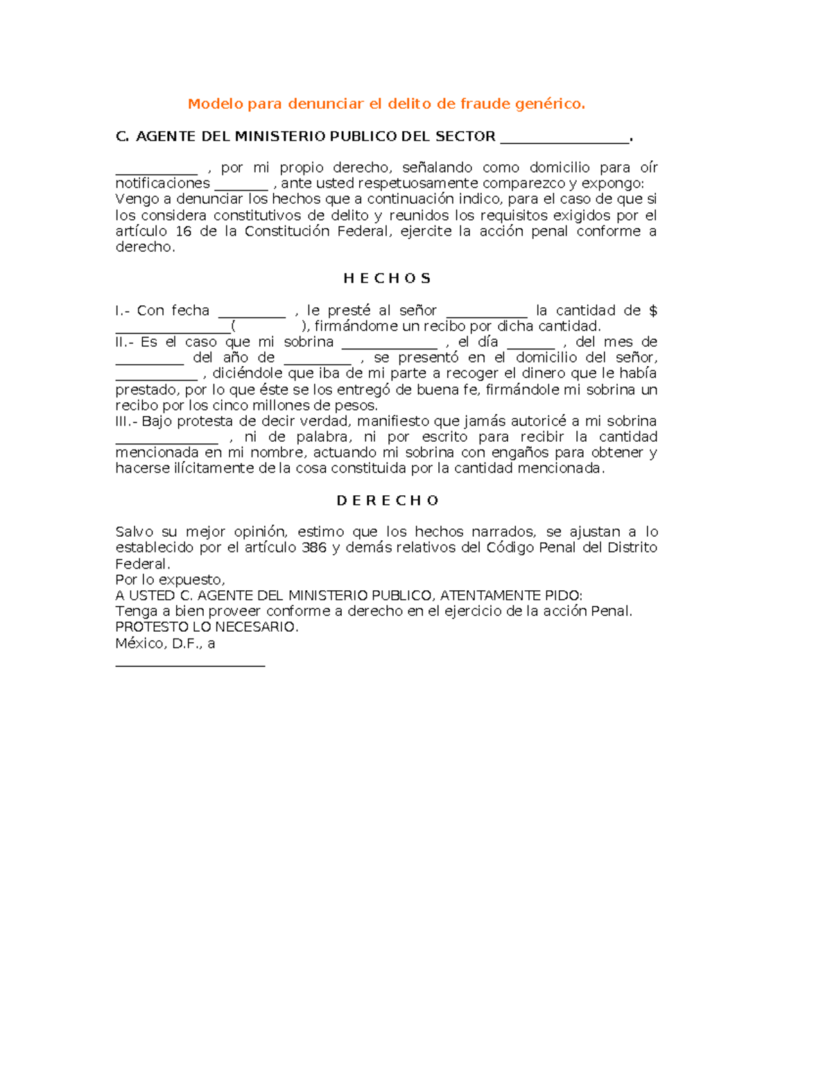 Denuncia de delito de fraude genérico - C. AGENTE DEL MINISTERIO ...