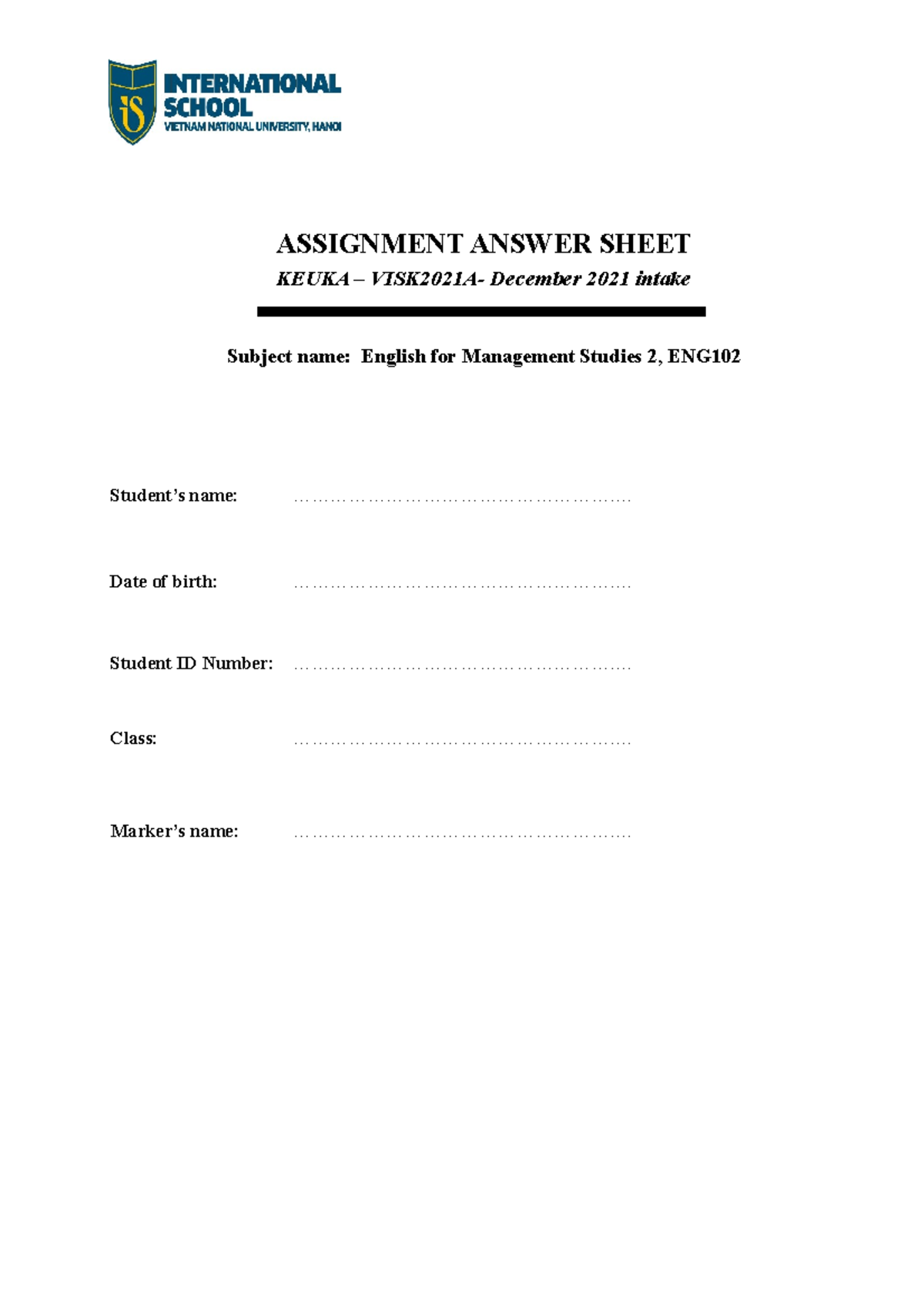 Assignment Answer-sheet ENG102 VISK2021A Dec - ASSIGNMENT ANSWER SHEET ...