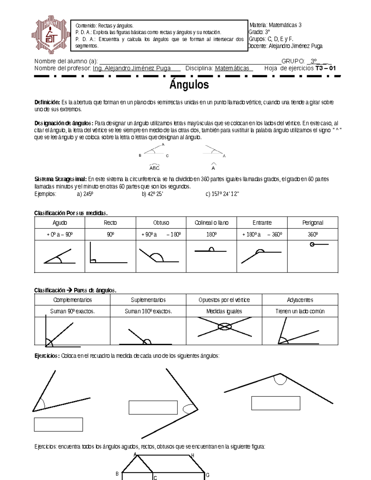 Hoja T3-01. Ángulos - Resumen y ejercicios - Materia: Matemáticas 3 ...