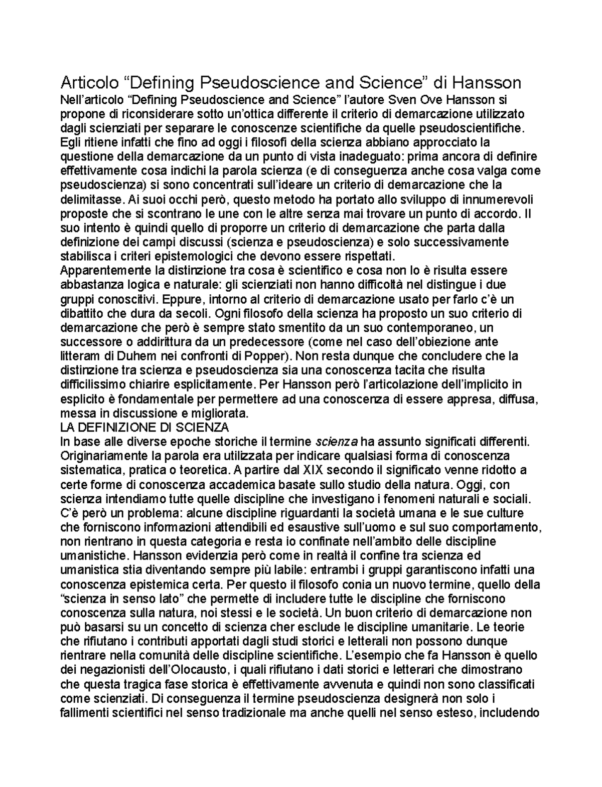 Articolo “Defining pseudoscience and science” Hansson - Articolo ...