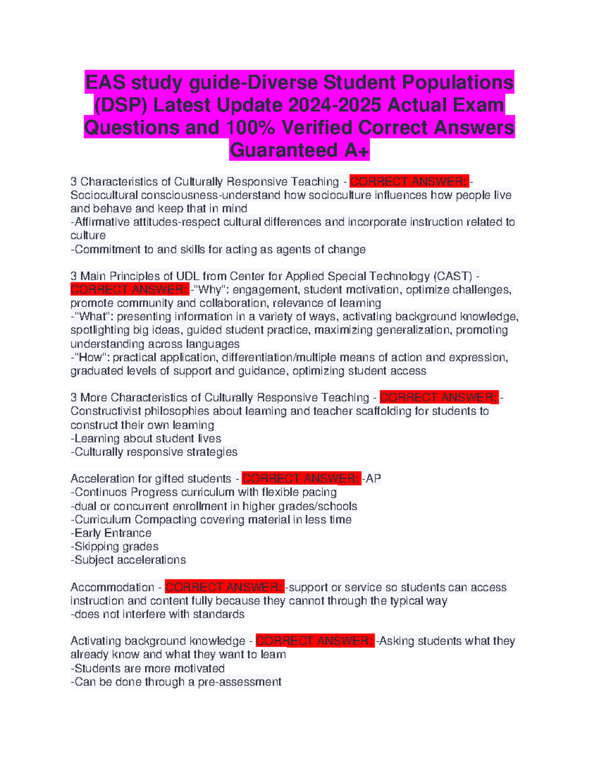 EAS study guide-Diverse Student Populations (DSP) Latest Update 2024 ...
