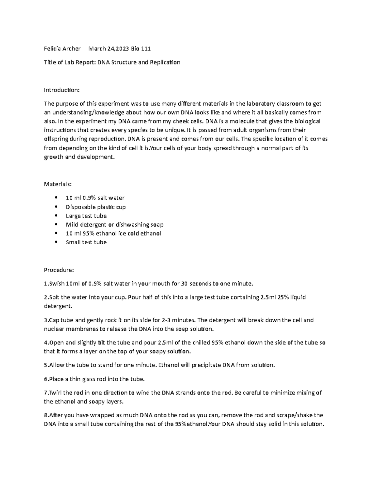 Felicias Bio 111 Lab Report 2 - Felicia Archer March 24,2023 Bio 111 ...