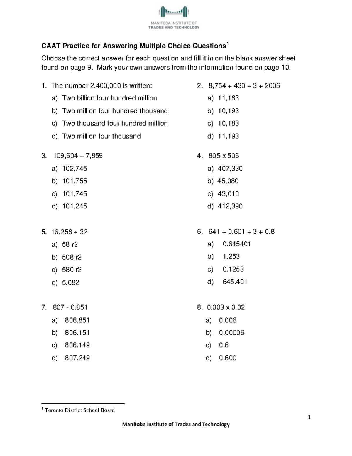 MITT CAAT C Math Practice - Choose the correct answer for each question ...
