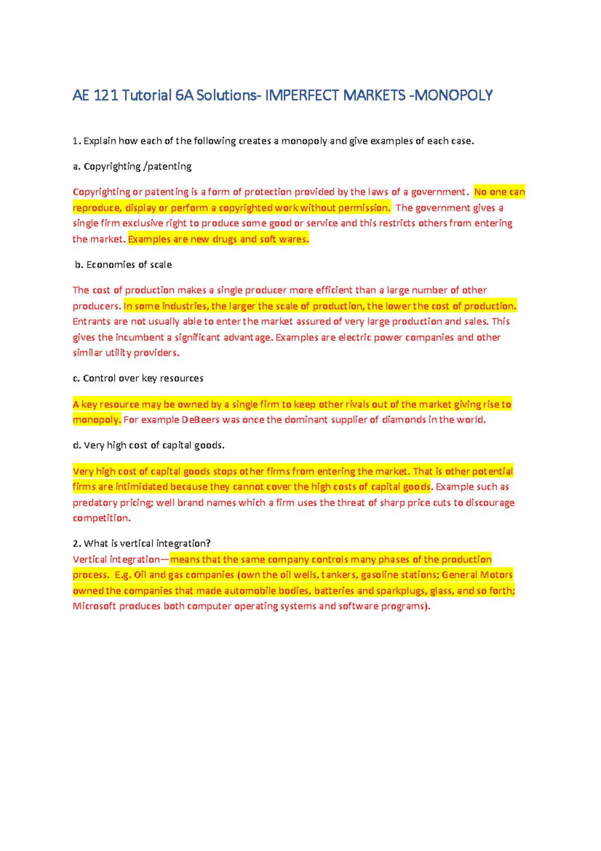 AE 121 Tutorial 6A Solutions - a. Copyrighting /patenting Copyrighting ...