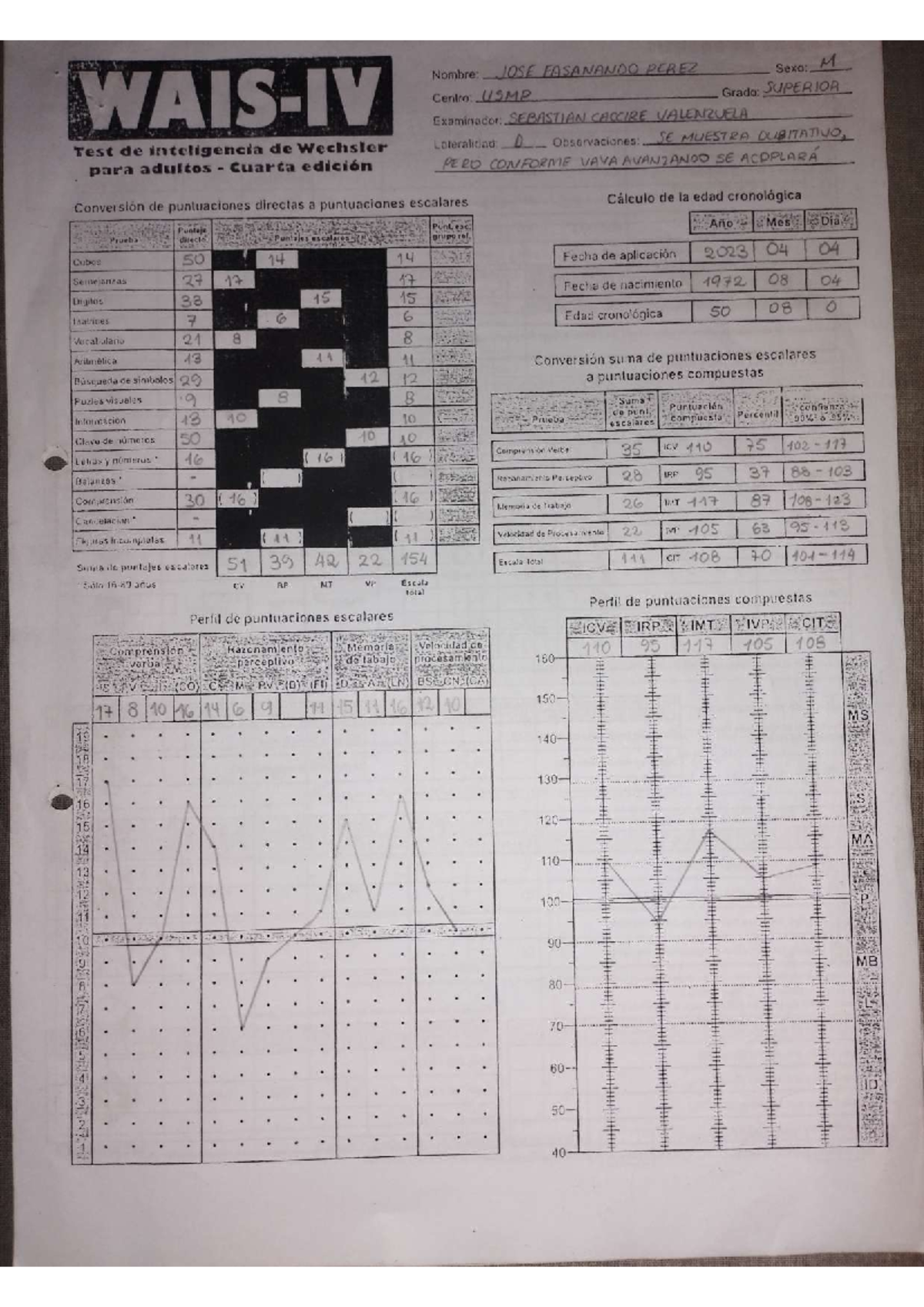 Protocolo WAIS-IV, Escala de inteligencia de Wechsler para adultos-IV - Nombre: JOSE FASANANDO ...