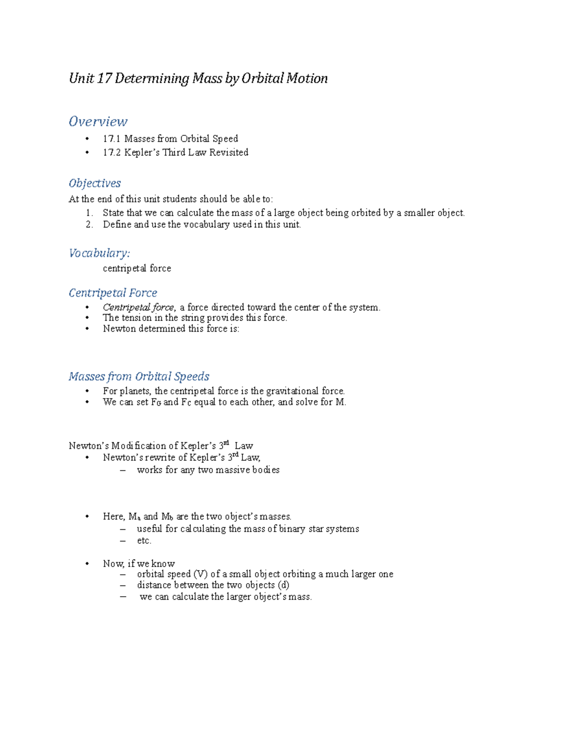 Unit 17 Determining Mass by Orbital Motion - Define and use the ...
