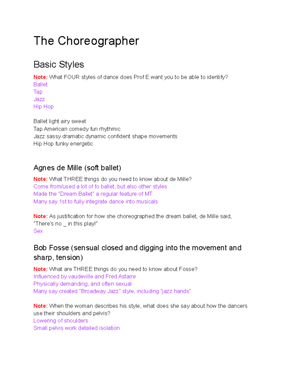 2/24/22 Lecture Notes - The Choreographer Basic Styles Note: What FOUR ...