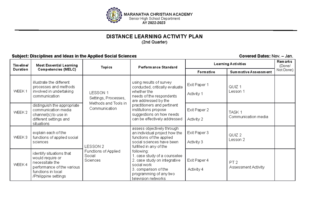Diass - DLAP - This is Distance Learning Activity Plan - MARANATHA ...