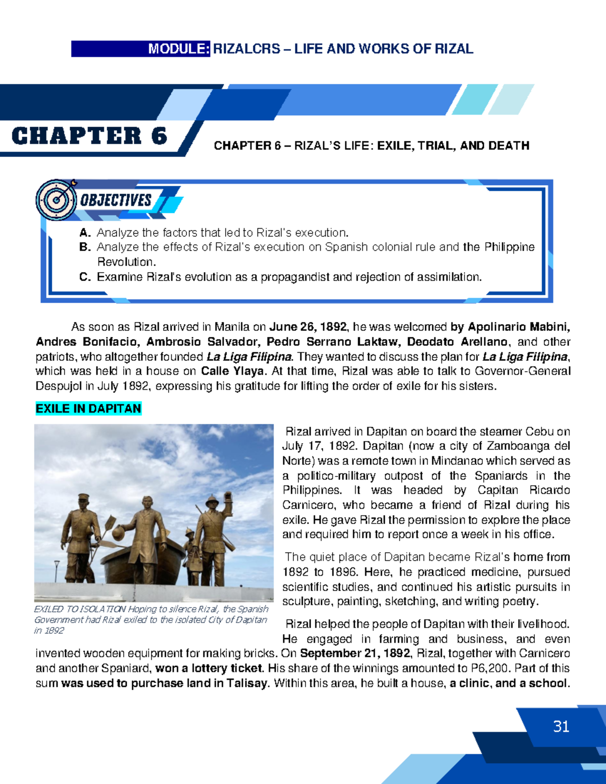 Chapter 6 – Rizal’S LIFE Exile, Trial, AND Death - CHAPTER 6 – RIZAL’S ...