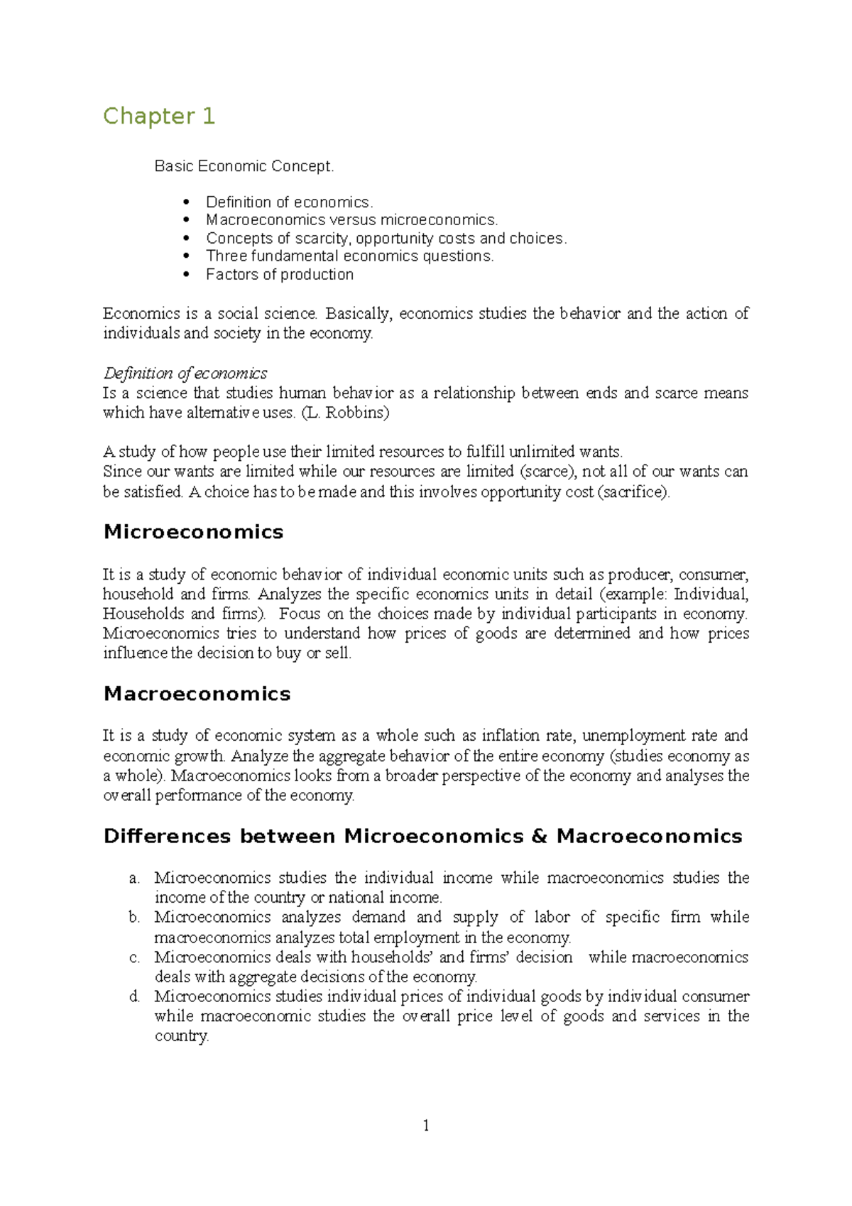 Notes on chapter 1 economi - Chapter 1 Basic Economic Concept ...