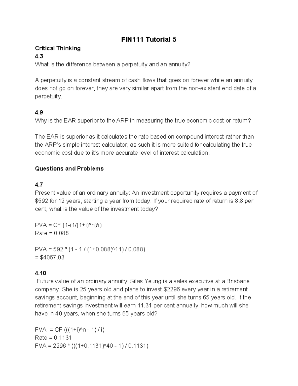 Fin111 Tutorial 5 - FIN111 Tutorial 5 Critical Thinking 4. What is the ...