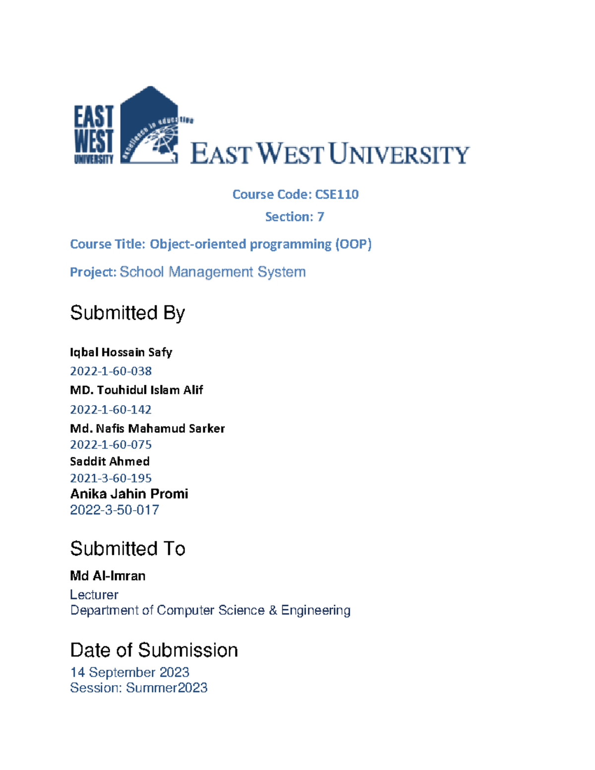 School-management-system Project Report - Course Code: CSE Section: 7 Course Title: Object ...